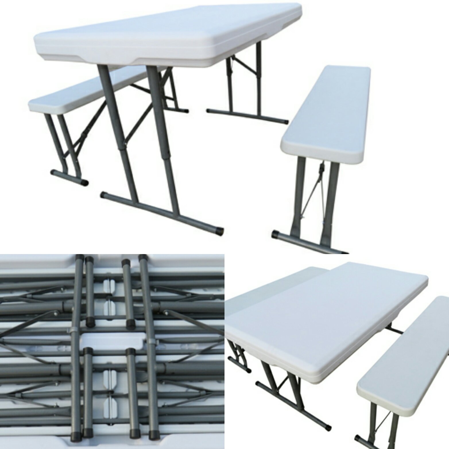 Folding Garden Table, Benches Set ( 2 Benches, 1 Table) - WHITE - Amaze ...